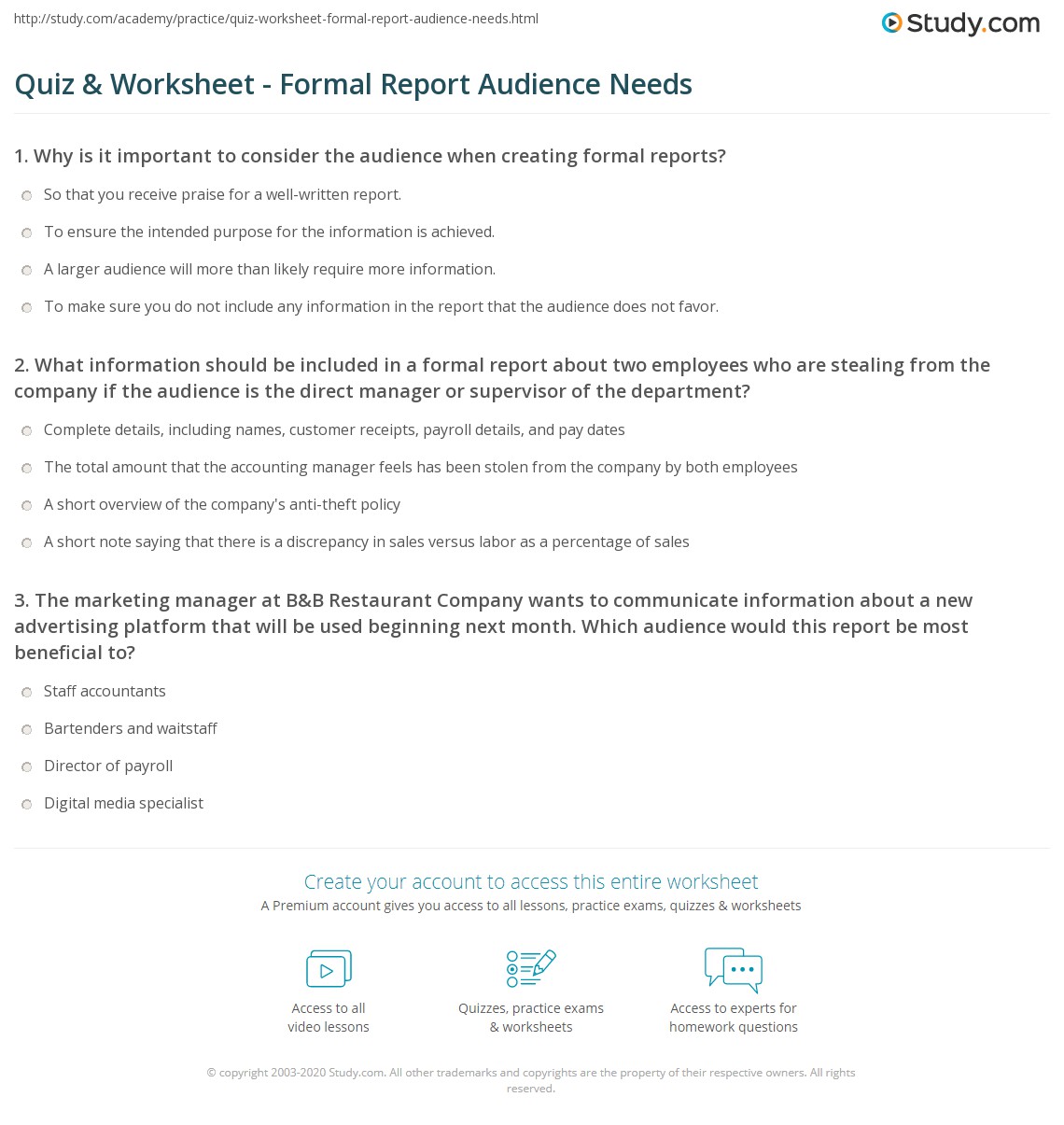 Quiz & Worksheet - Formal Report Audience Needs | Study.com