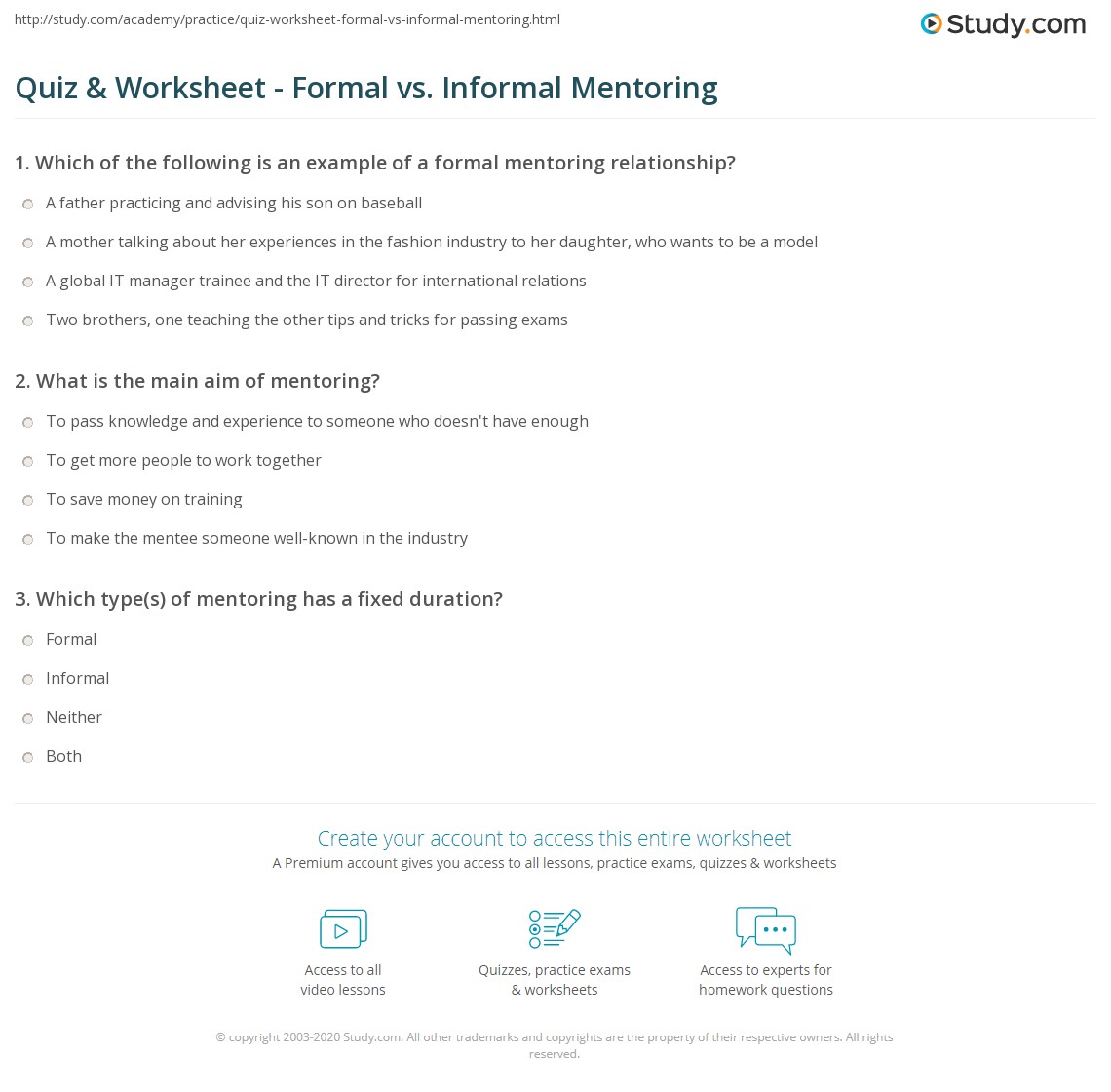 Quiz & Worksheet - Formal vs. Informal Mentoring | Study.com
