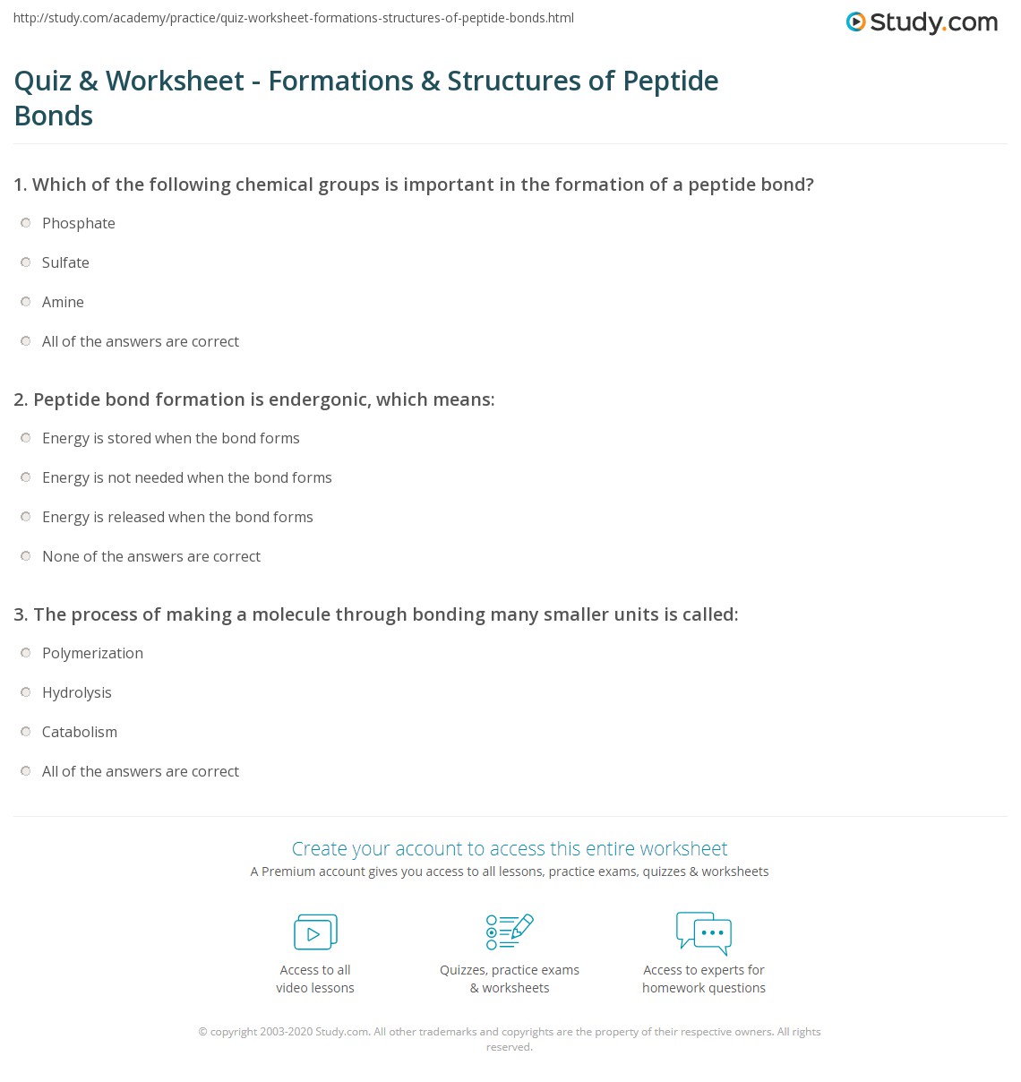 Quiz & Worksheet - Formations & Structures of Peptide Bonds | Study.com