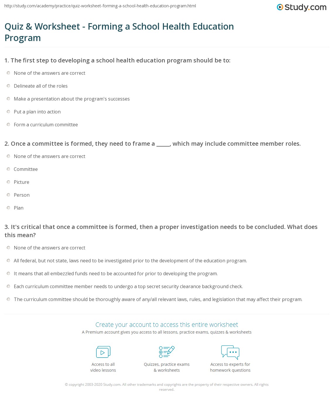 Quiz & Worksheet - Forming a School Health Education Program | Study.com