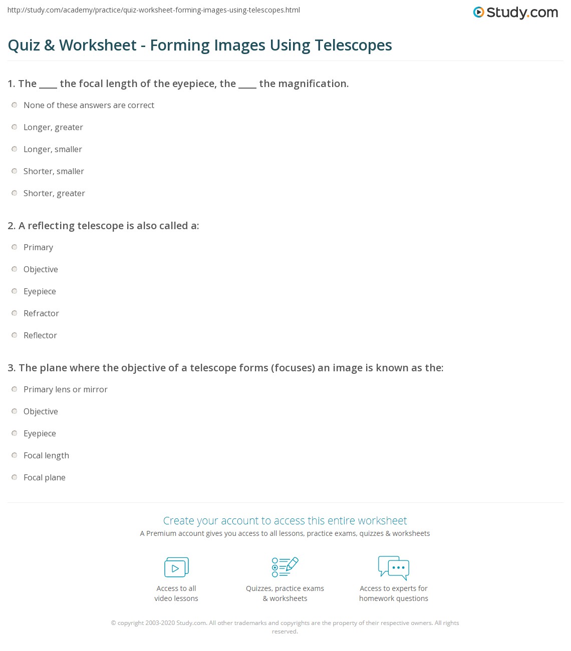Quiz & Worksheet - Forming Images Using Telescopes | Study.com