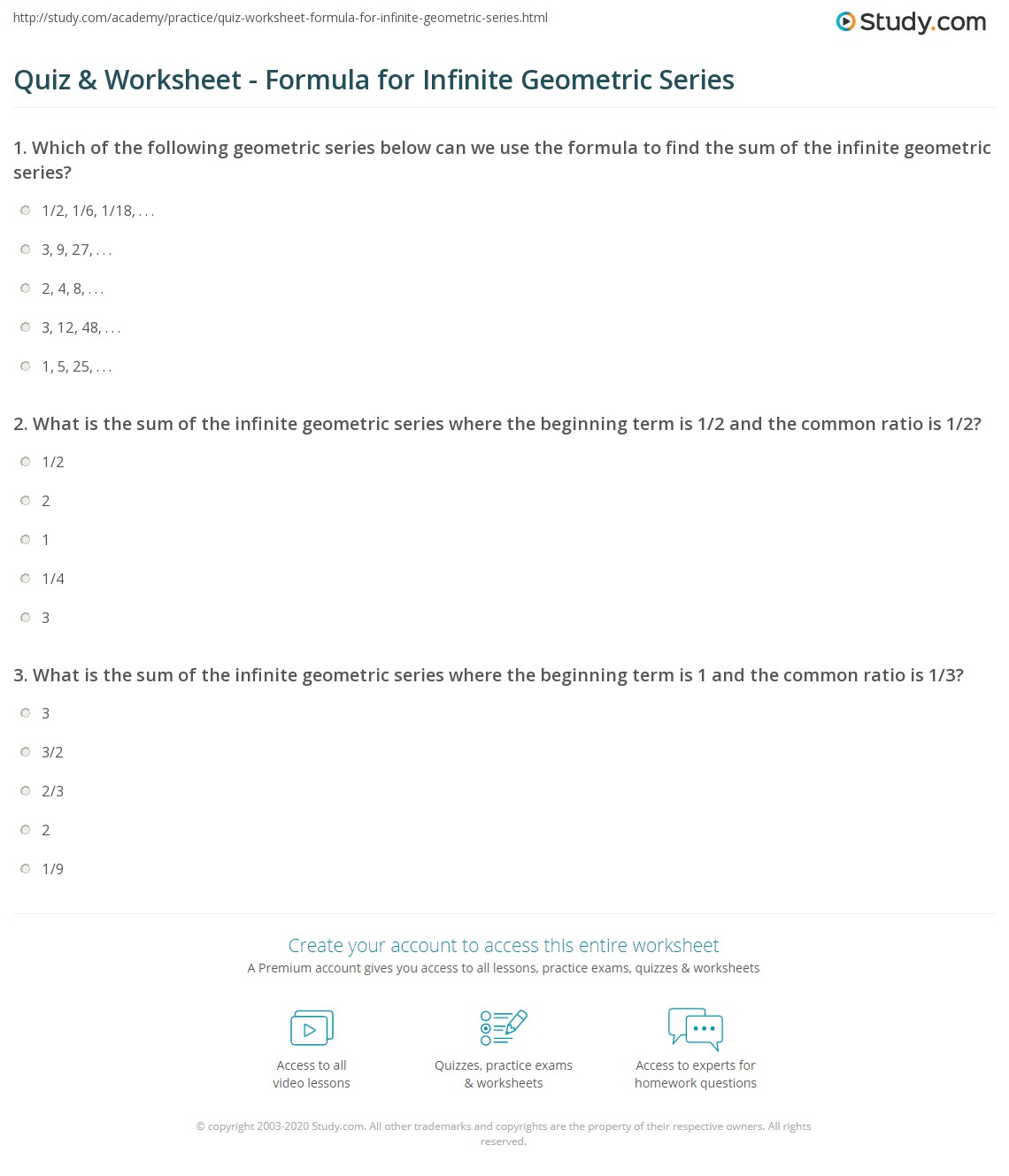 Quiz Worksheet Formula For Infinite Geometric Series Study