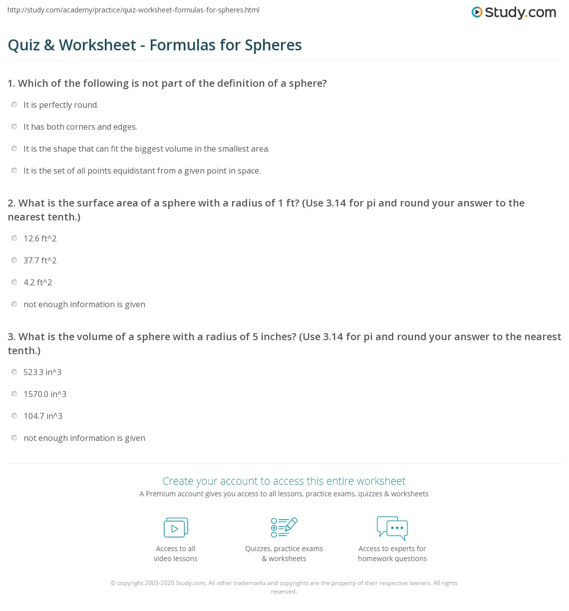 Quiz & Worksheet - Formulas for Spheres | Study.com