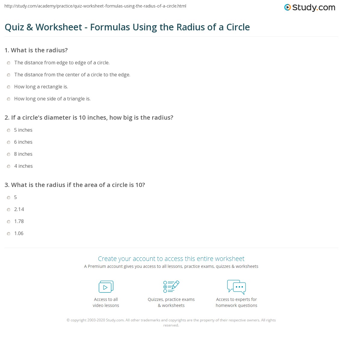 Quiz & Worksheet - Formulas Using the Radius of a Circle | Study.com