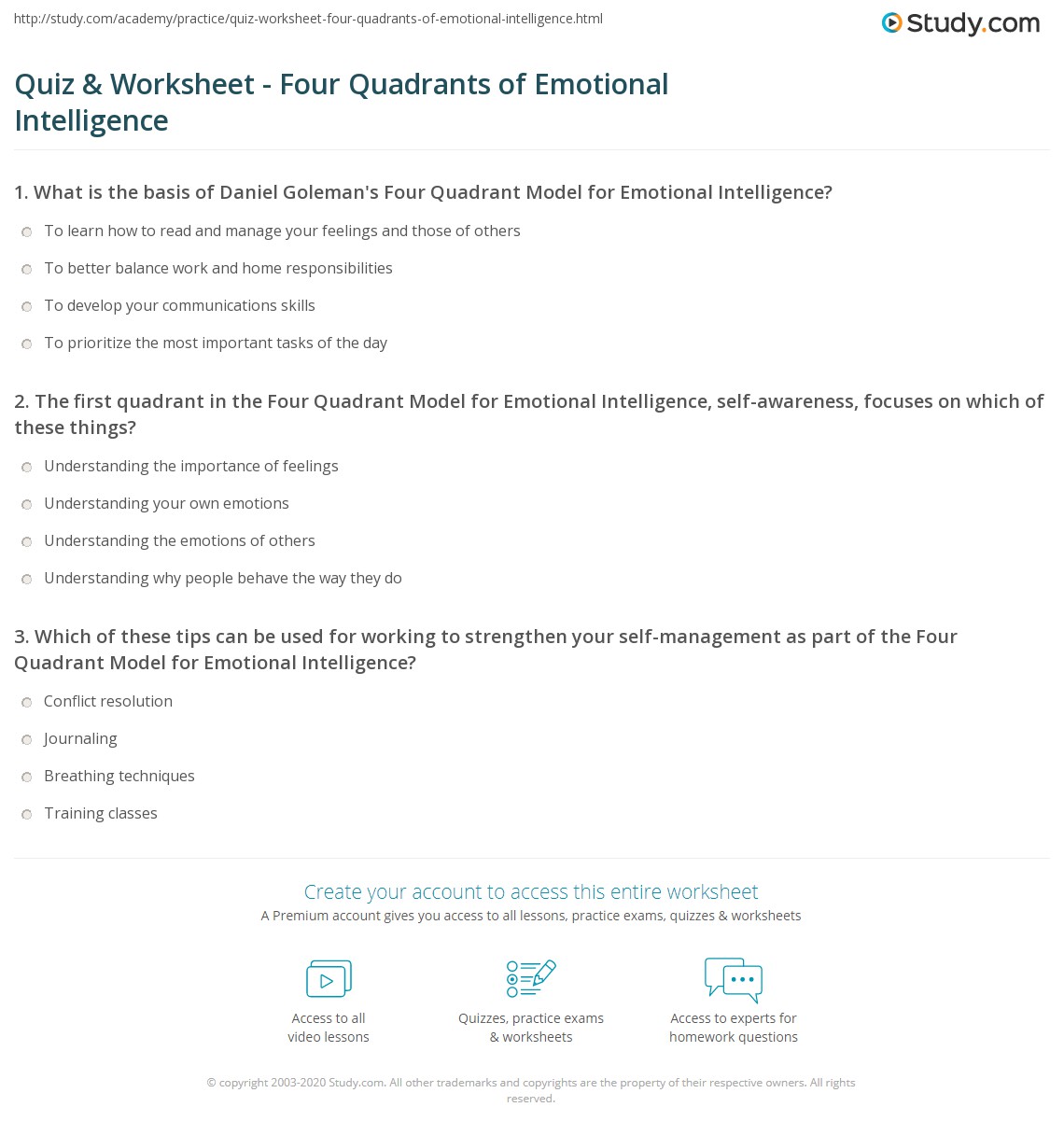 Quiz & Worksheet - Four Quadrants of Emotional Intelligence | Study.com