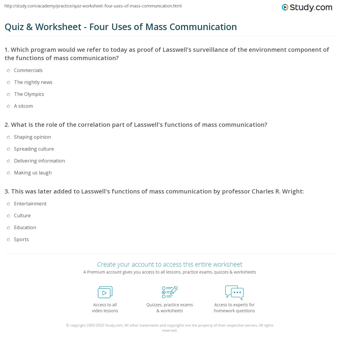 Quiz & Worksheet - Four Uses of Mass Communication | Study.com