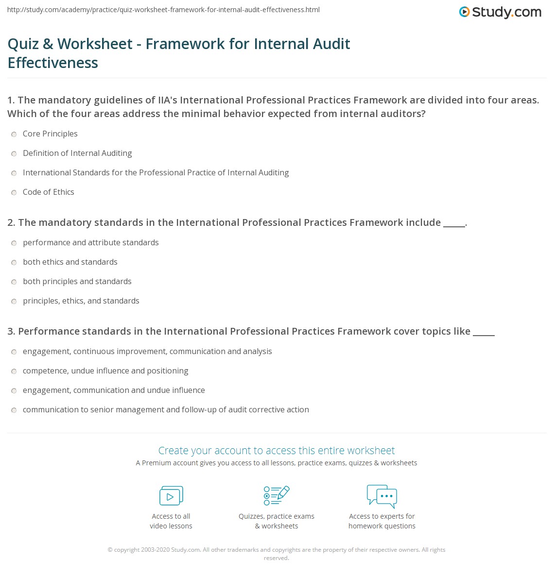Quiz & Worksheet - Framework for Internal Audit Effectiveness | Study.com