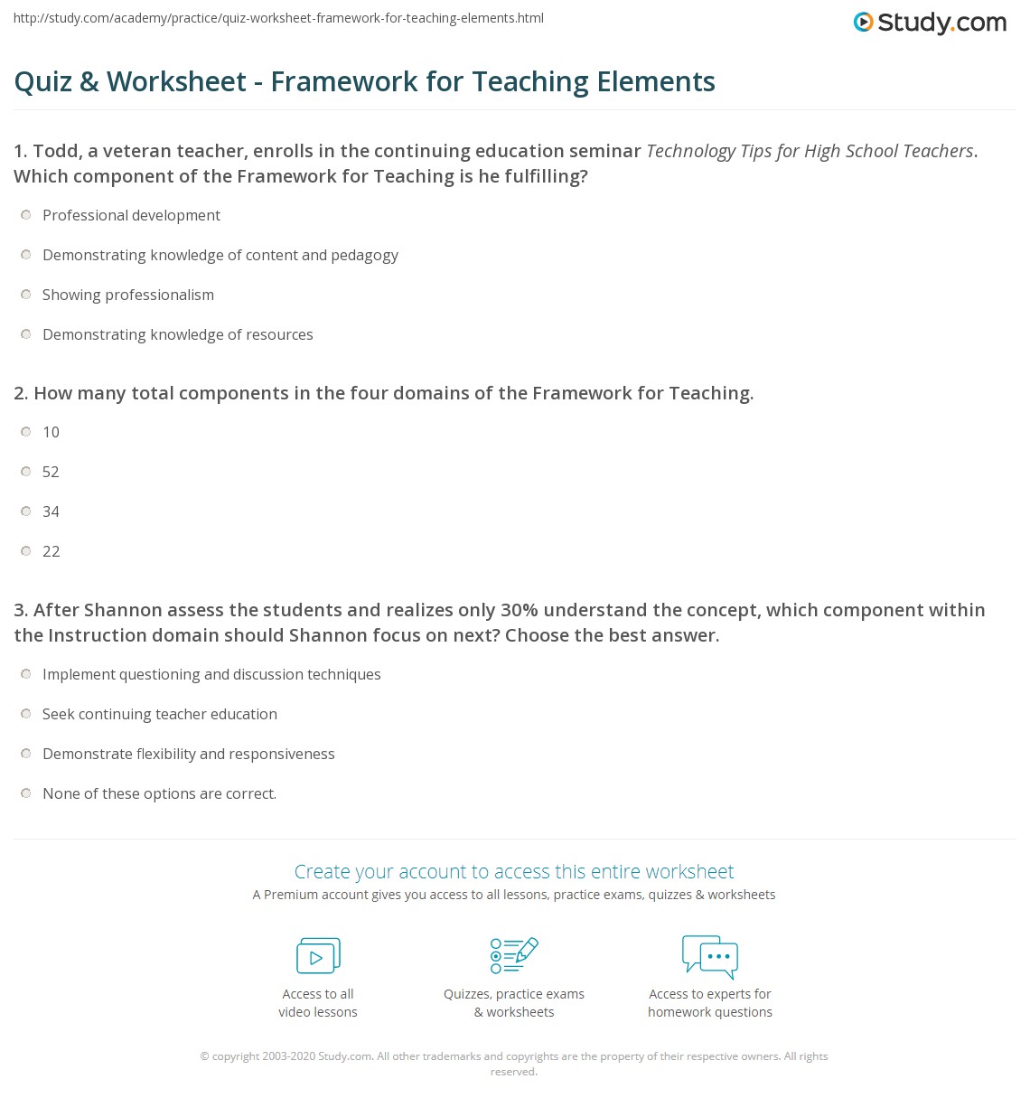Quiz & Worksheet - Framework for Teaching Elements | Study.com