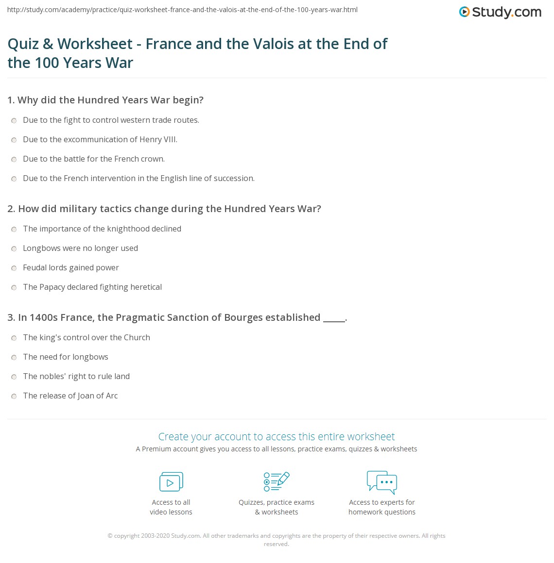 Quiz & Worksheet - France and the Valois at the End of the 100 Years ...