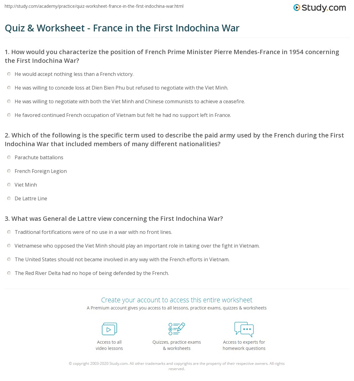 Quiz & Worksheet - France in the First Indochina War | Study.com