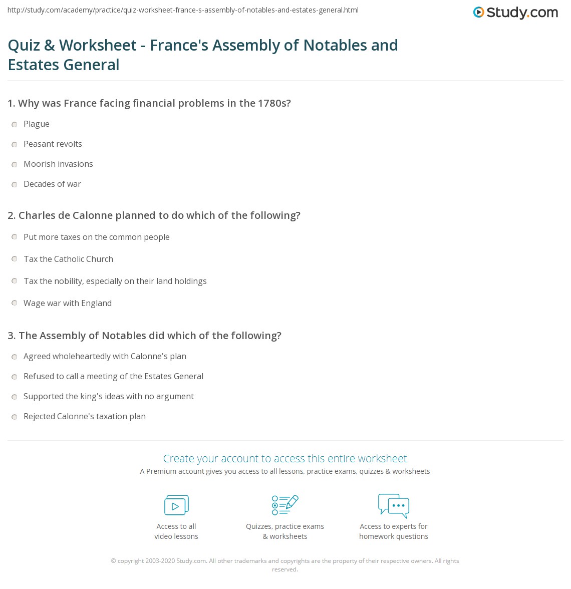 Quiz & Worksheet - France's Assembly of Notables and Estates General ...