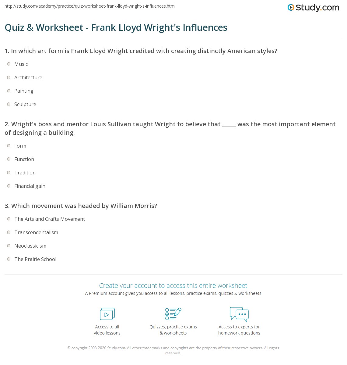 Quiz & Worksheet - Frank Lloyd Wright's Influences | Study.com