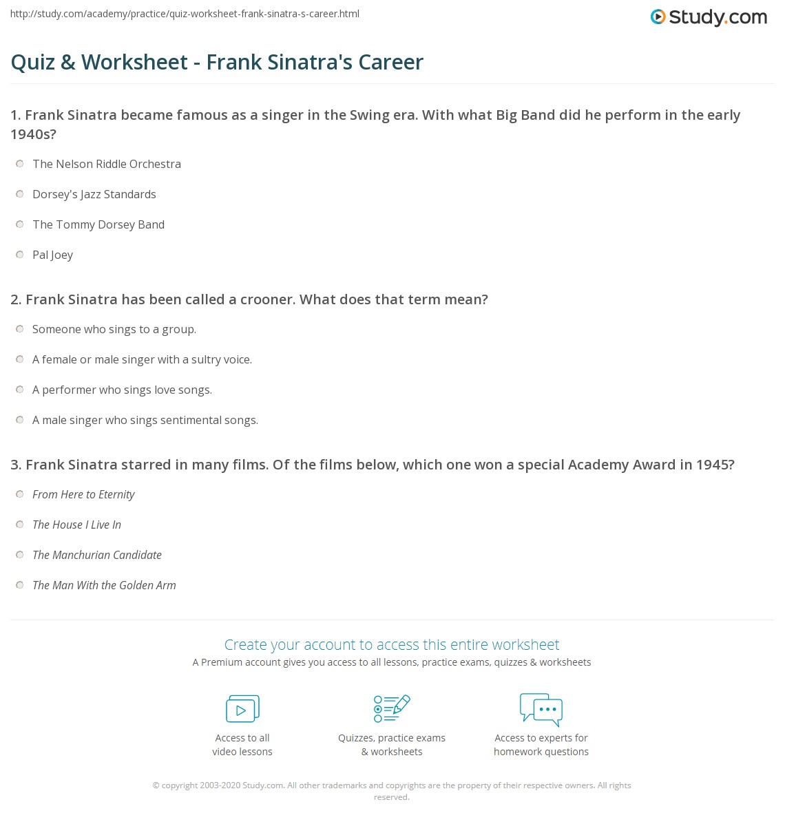 Quiz & Worksheet - Frank Sinatra's Career | Study.com