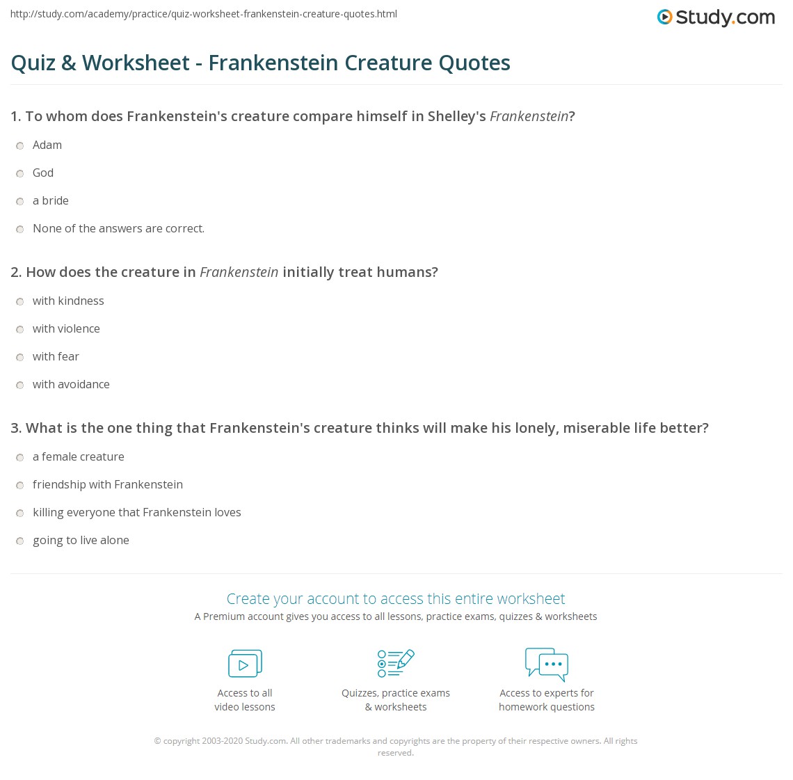 Quiz & Worksheet - Frankenstein Creature Quotes | Study.com