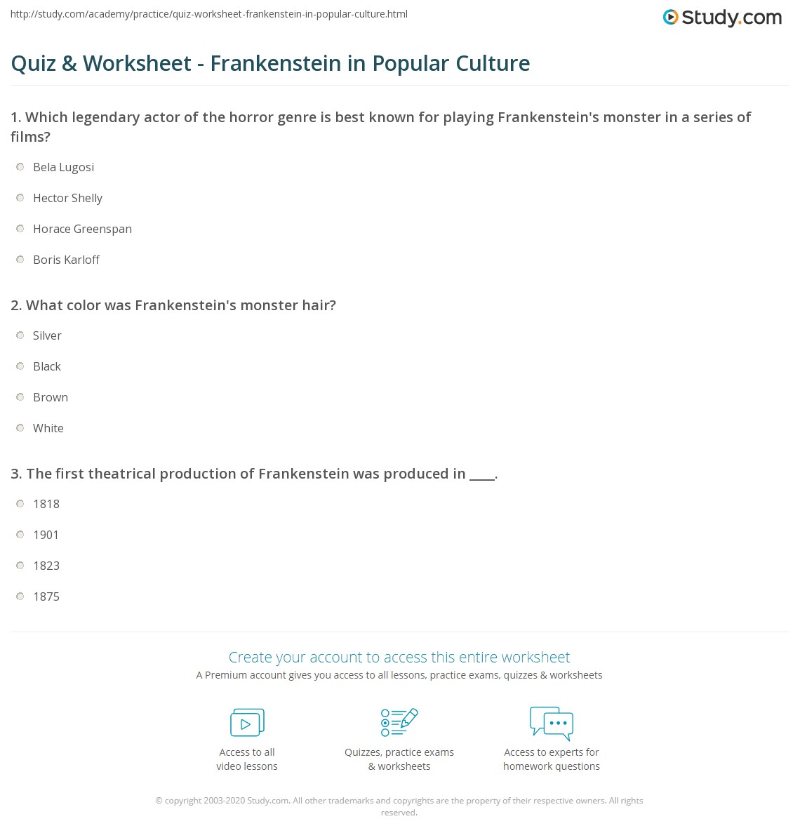 Quiz & Worksheet - Frankenstein in Popular Culture | Study.com