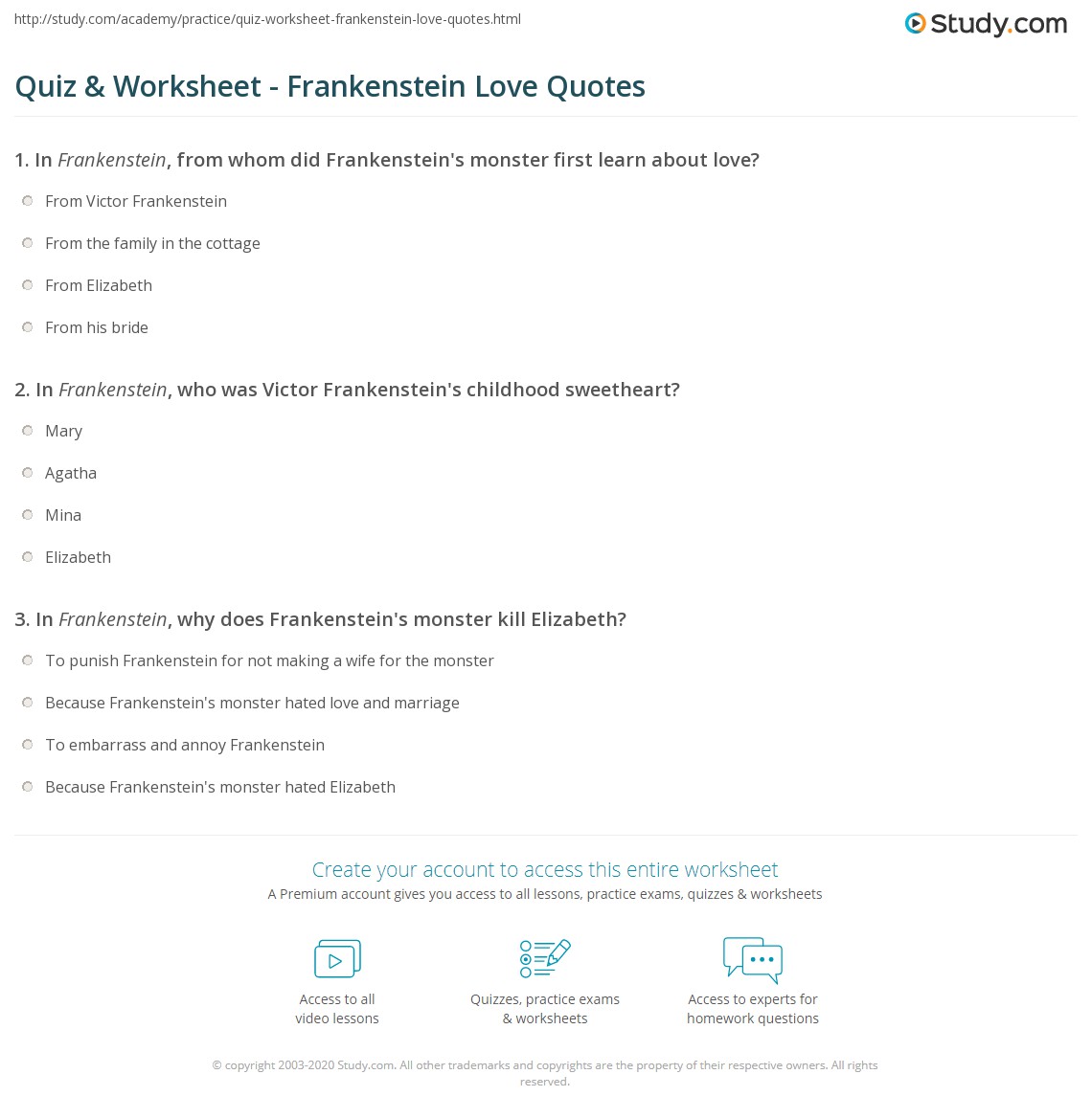 Quiz & Worksheet - Frankenstein Love Quotes | Study.com
