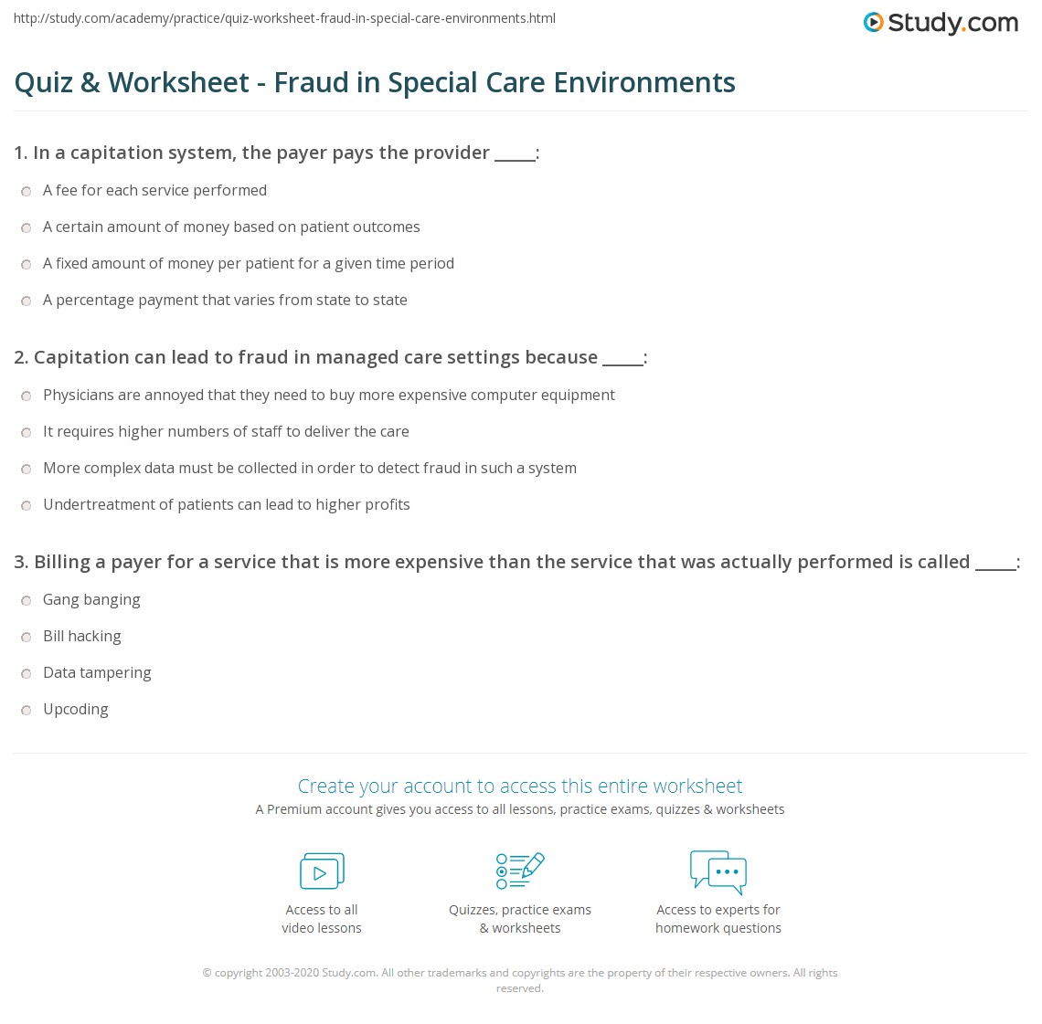 Quiz & Worksheet - Fraud in Special Care Environments | Study.com