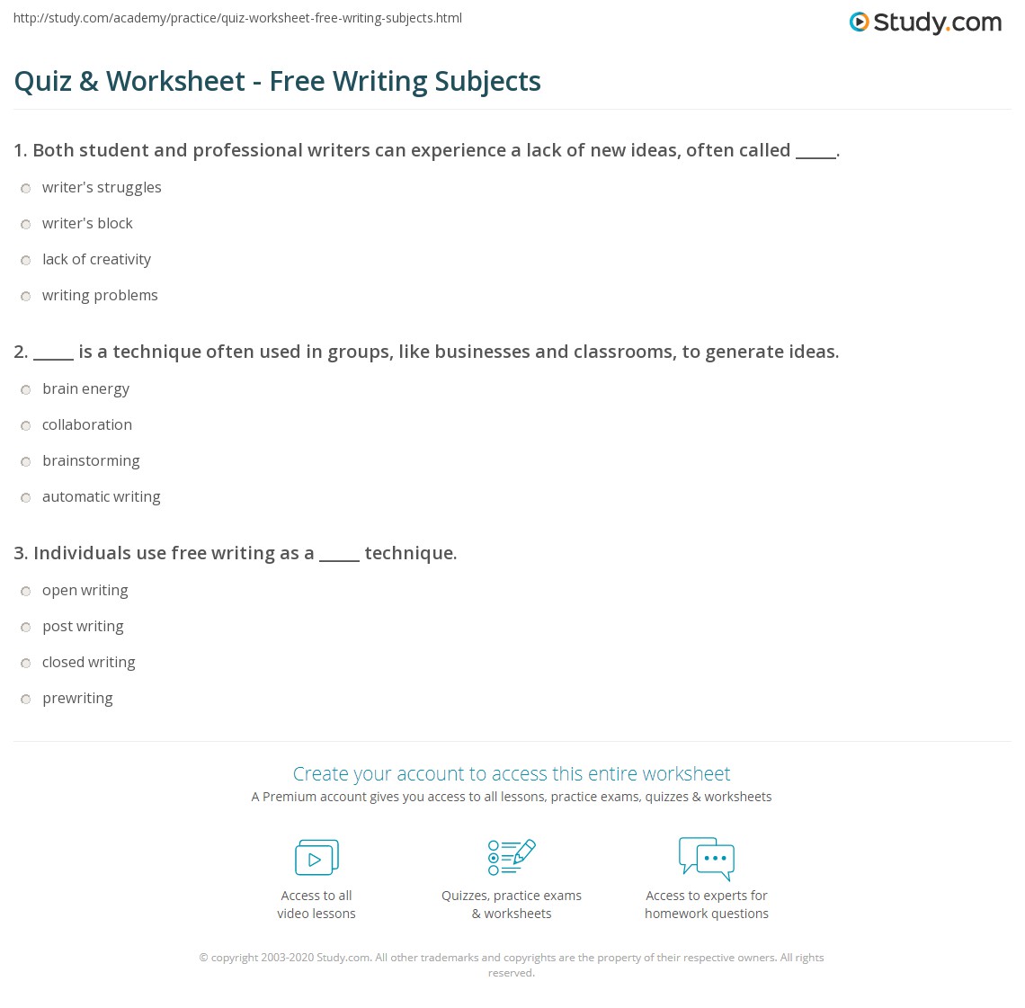 Quiz Worksheet Free Writing Subjects Study