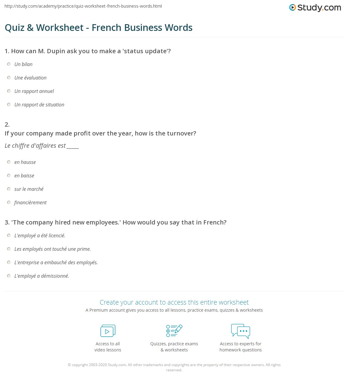 Quiz & Worksheet - French Business Words | Study.com