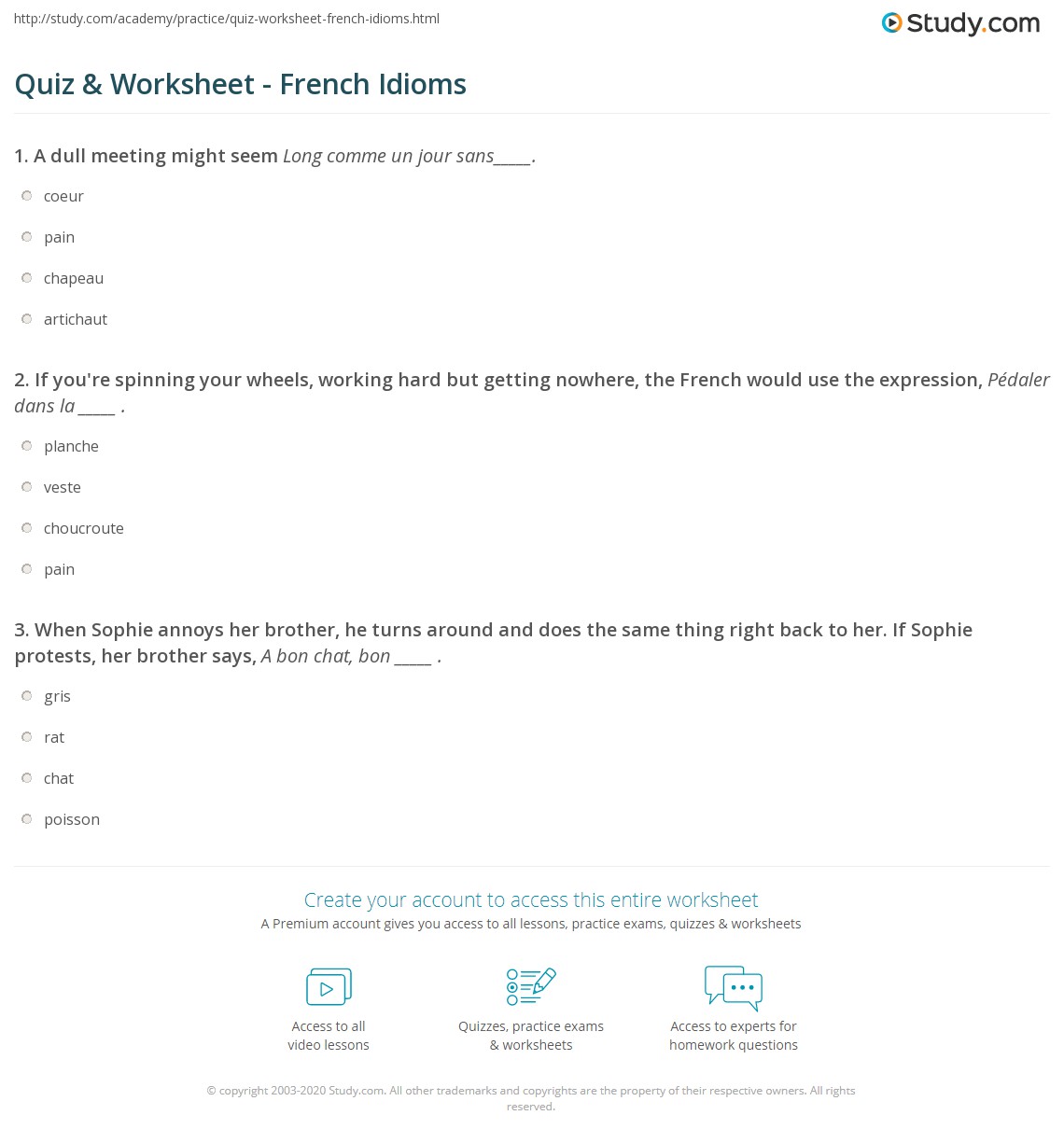 Quiz & Worksheet - French Idioms | Study.com