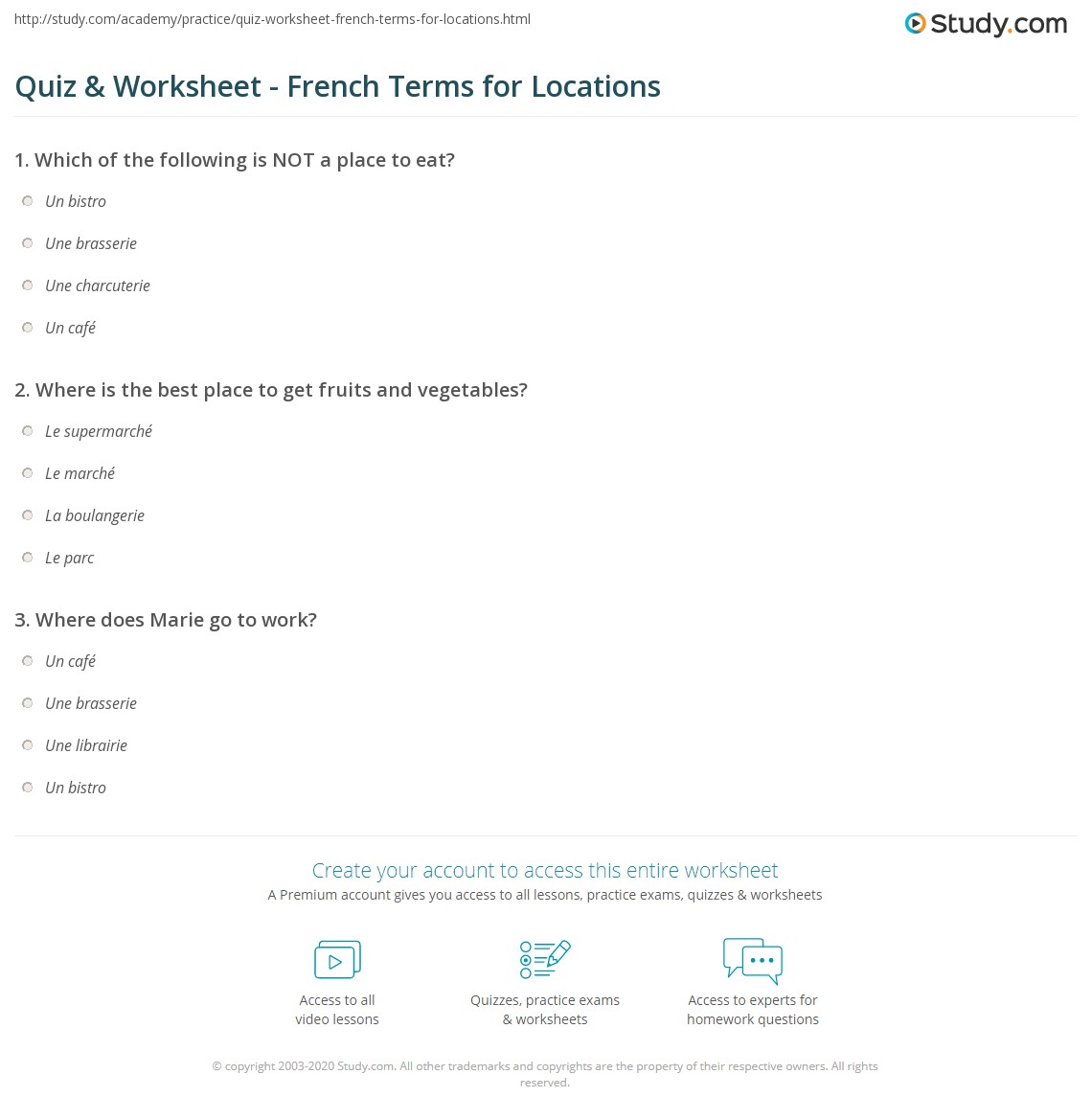 Quiz & Worksheet - French Terms for Locations | Study.com