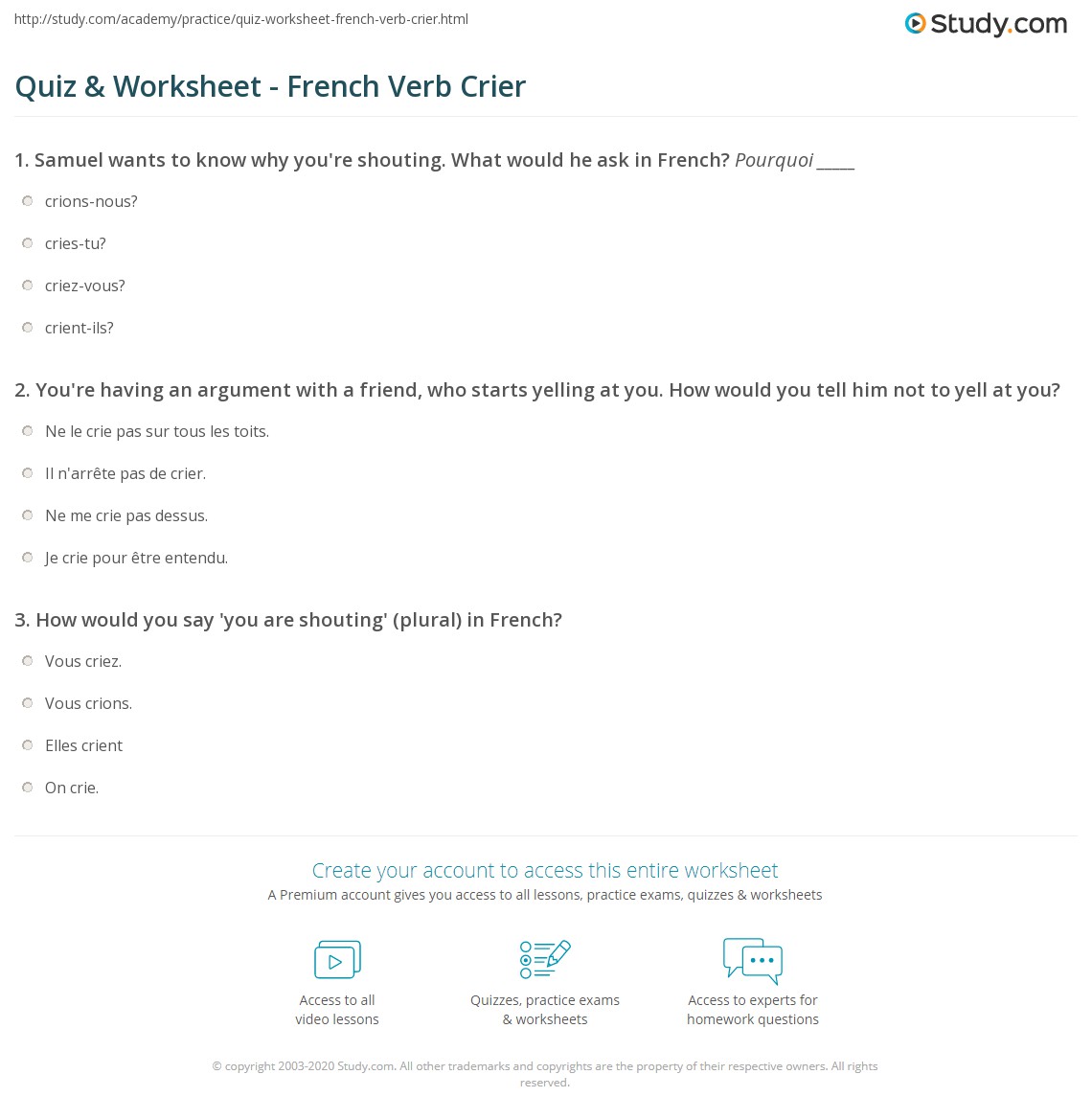 Quiz & Worksheet - French Verb Crier | Study.com