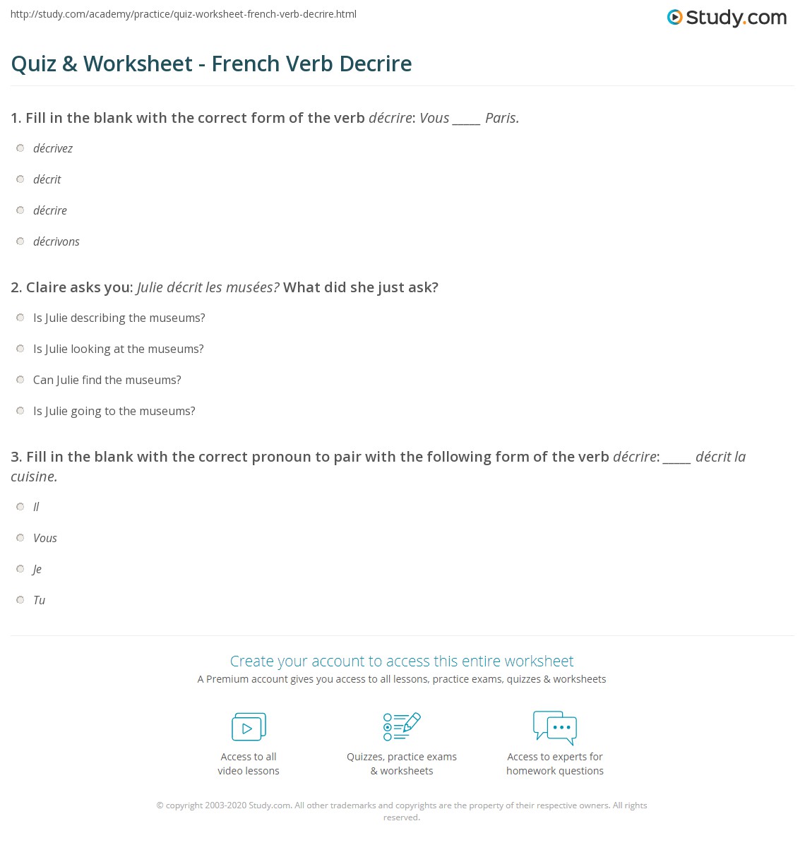 Quiz & Worksheet - French Verb Decrire | Study.com