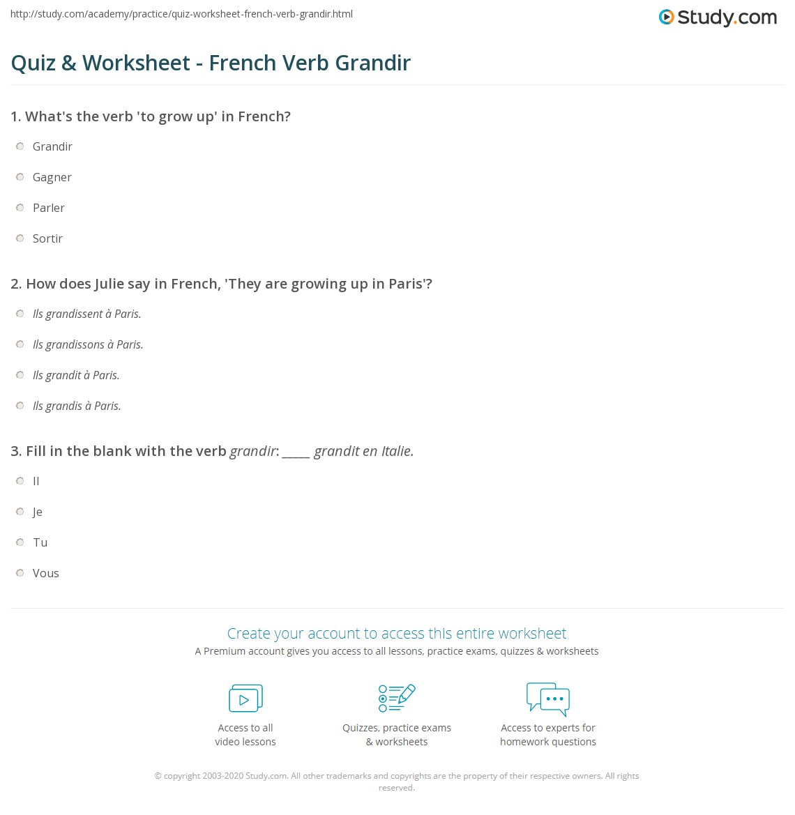 Quiz & Worksheet - French Verb Grandir | Study.com