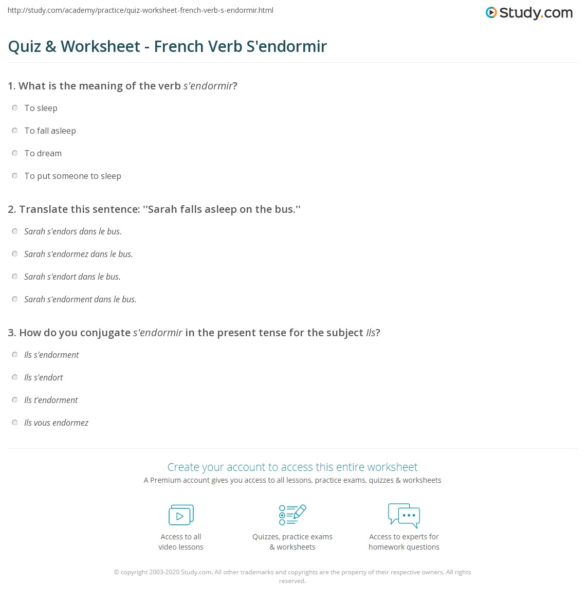 Quiz & Worksheet - French Verb S'endormir | Study.com