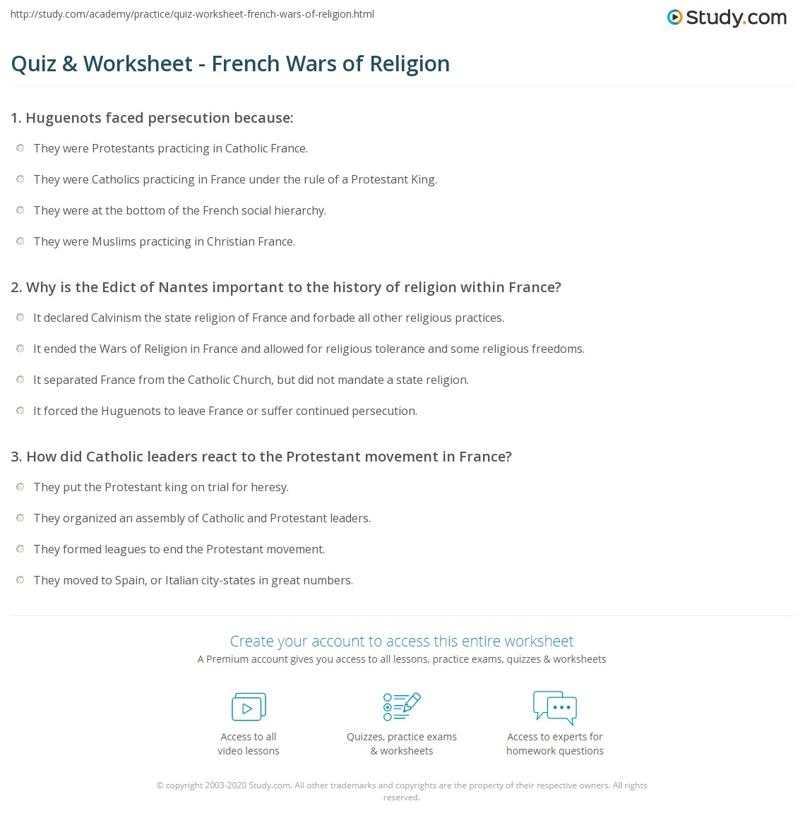 Quiz & Worksheet - French Wars of Religion | Study.com