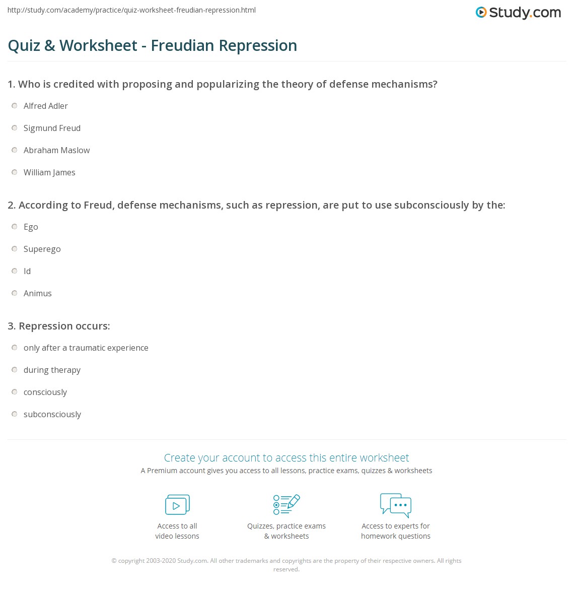 Quiz & Worksheet - Freudian Repression | Study.com