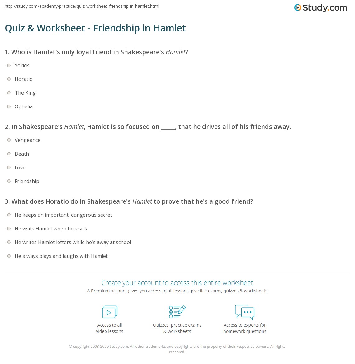 Quiz & Worksheet - Friendship in Hamlet | Study.com