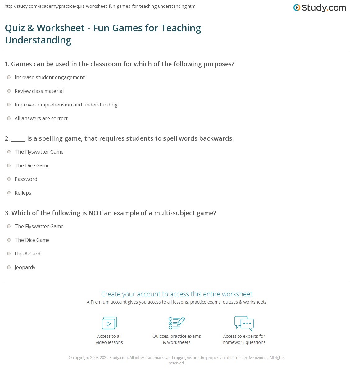 Quiz & Worksheet - Fun Games for Teaching Understanding | Study.com