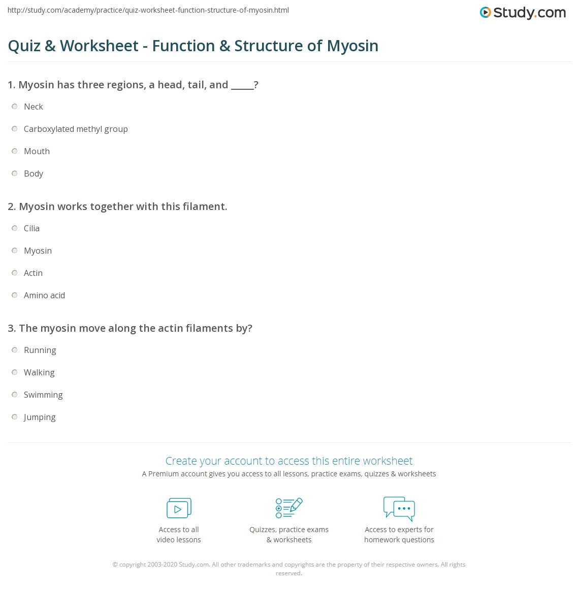 Quiz & Worksheet - Function & Structure of Myosin | Study.com