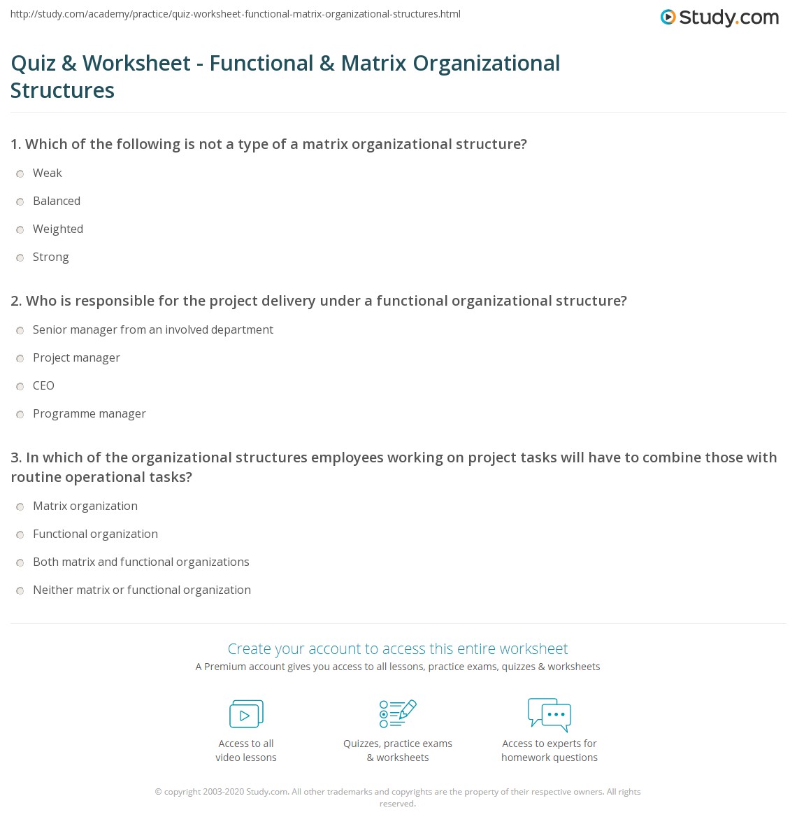 Quiz & Worksheet - Functional & Matrix Organizational Structures ...