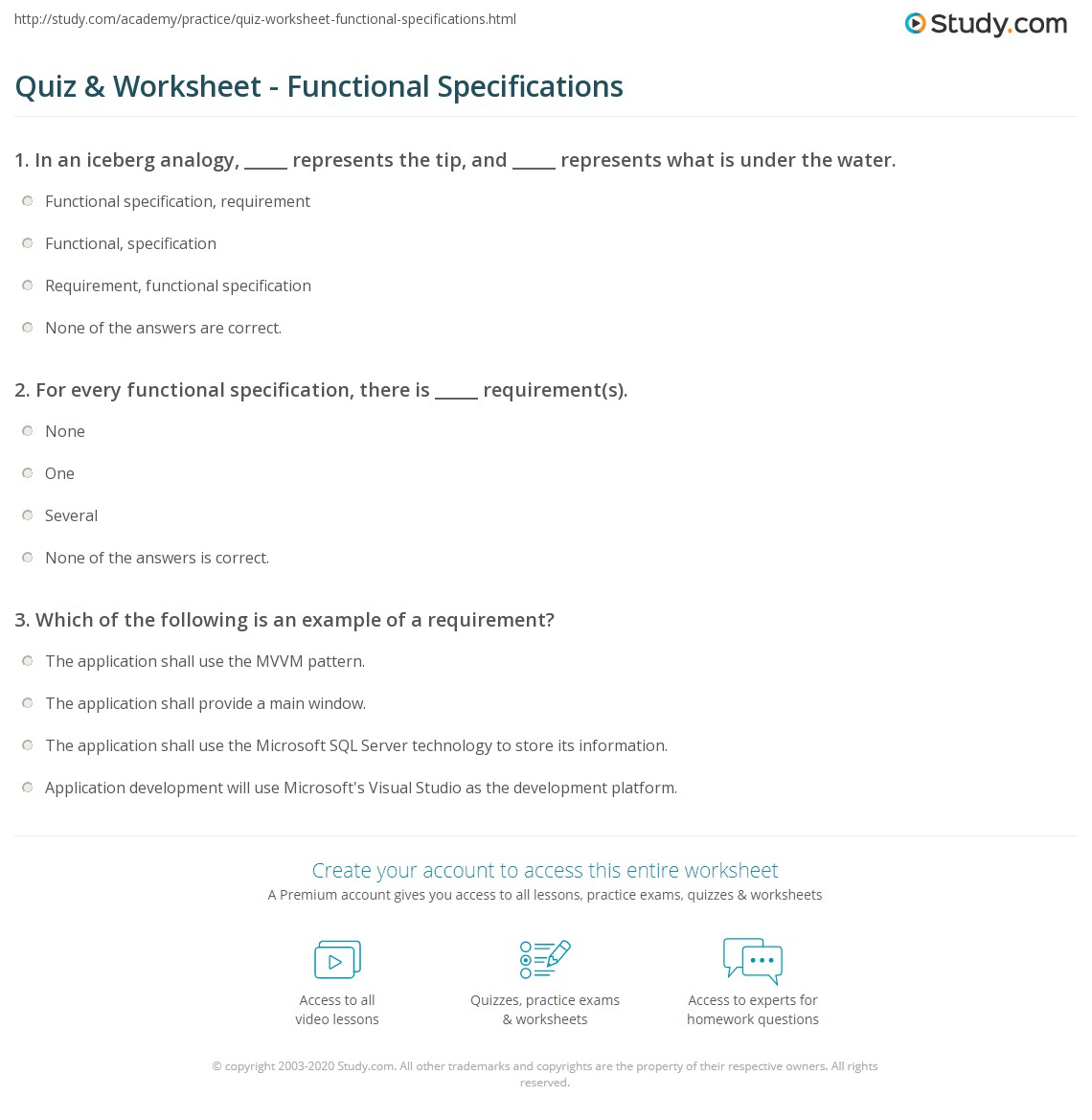 Quiz & Worksheet - Functional Specifications | Study.com