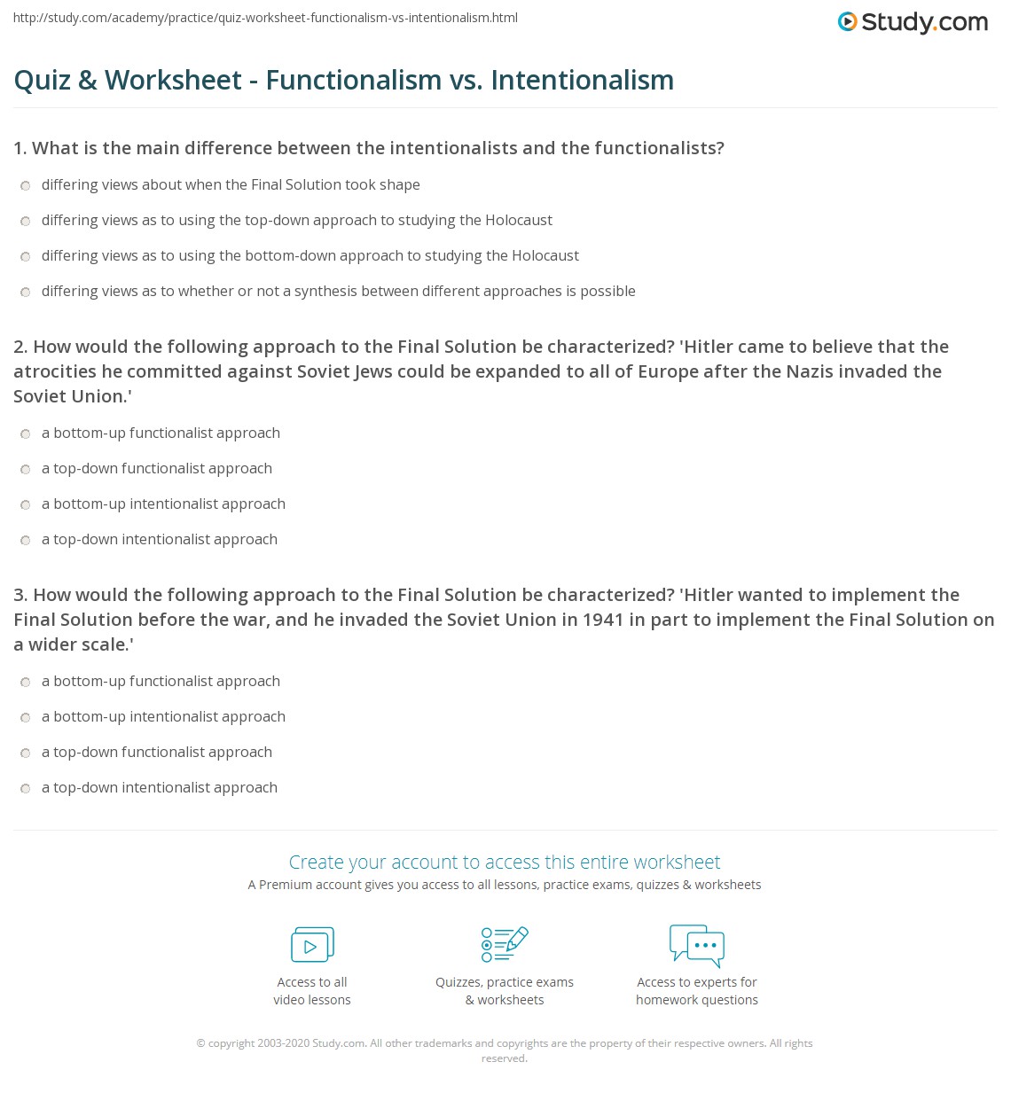 Quiz & Worksheet - Functionalism vs. Intentionalism | Study.com