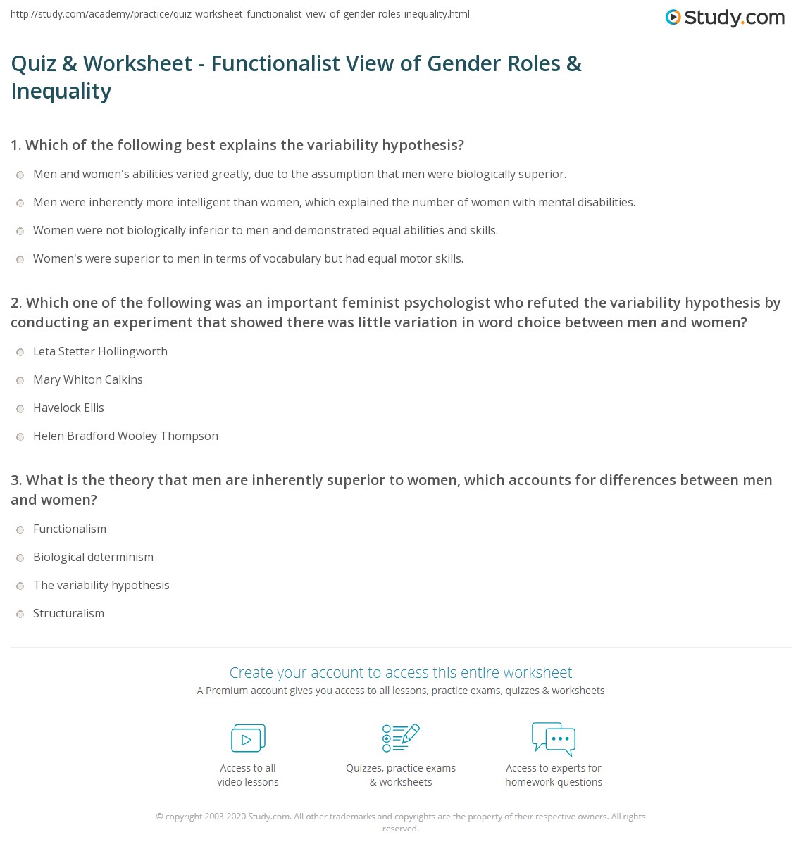 Quiz & Worksheet - Functionalist View of Gender Roles & Inequality ...