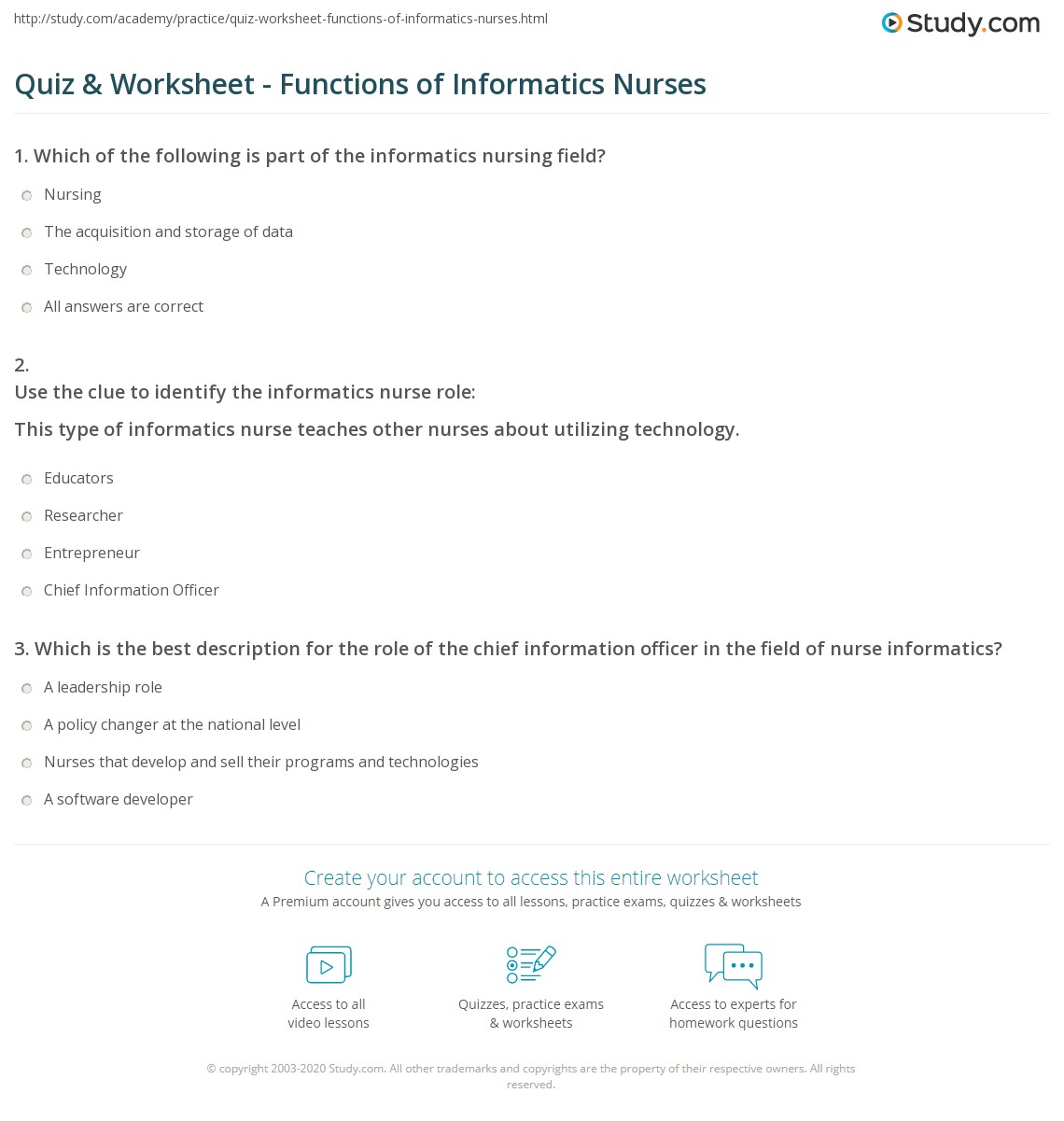 Quiz & Worksheet - Functions of Informatics Nurses | Study.com
