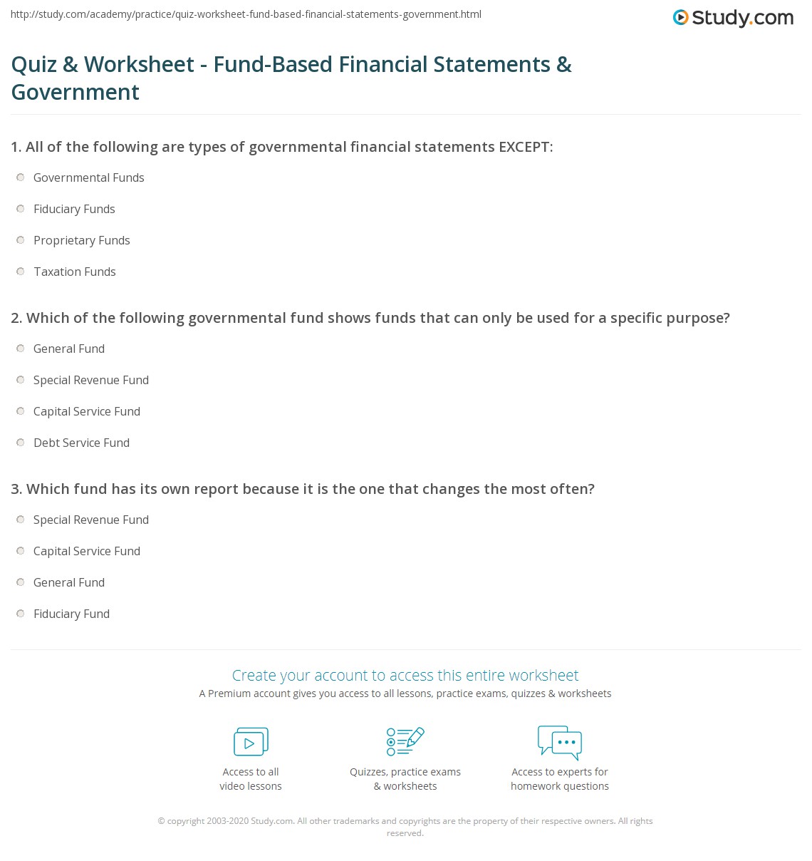 Quiz & Worksheet - Fund-Based Financial Statements & Government | Study.com