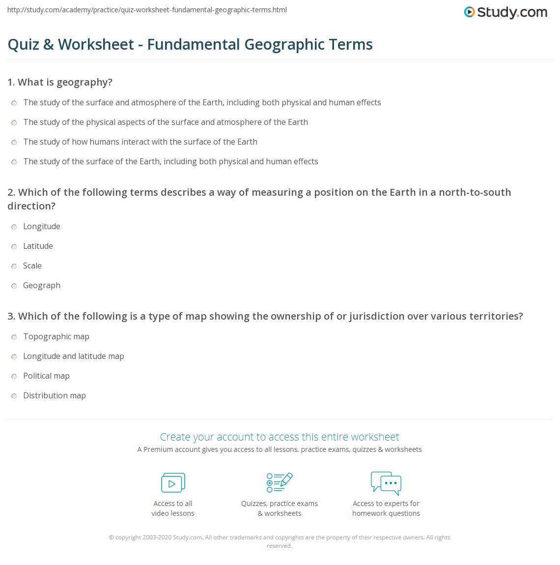 Quiz & Worksheet - Fundamental Geographic Terms | Study.com