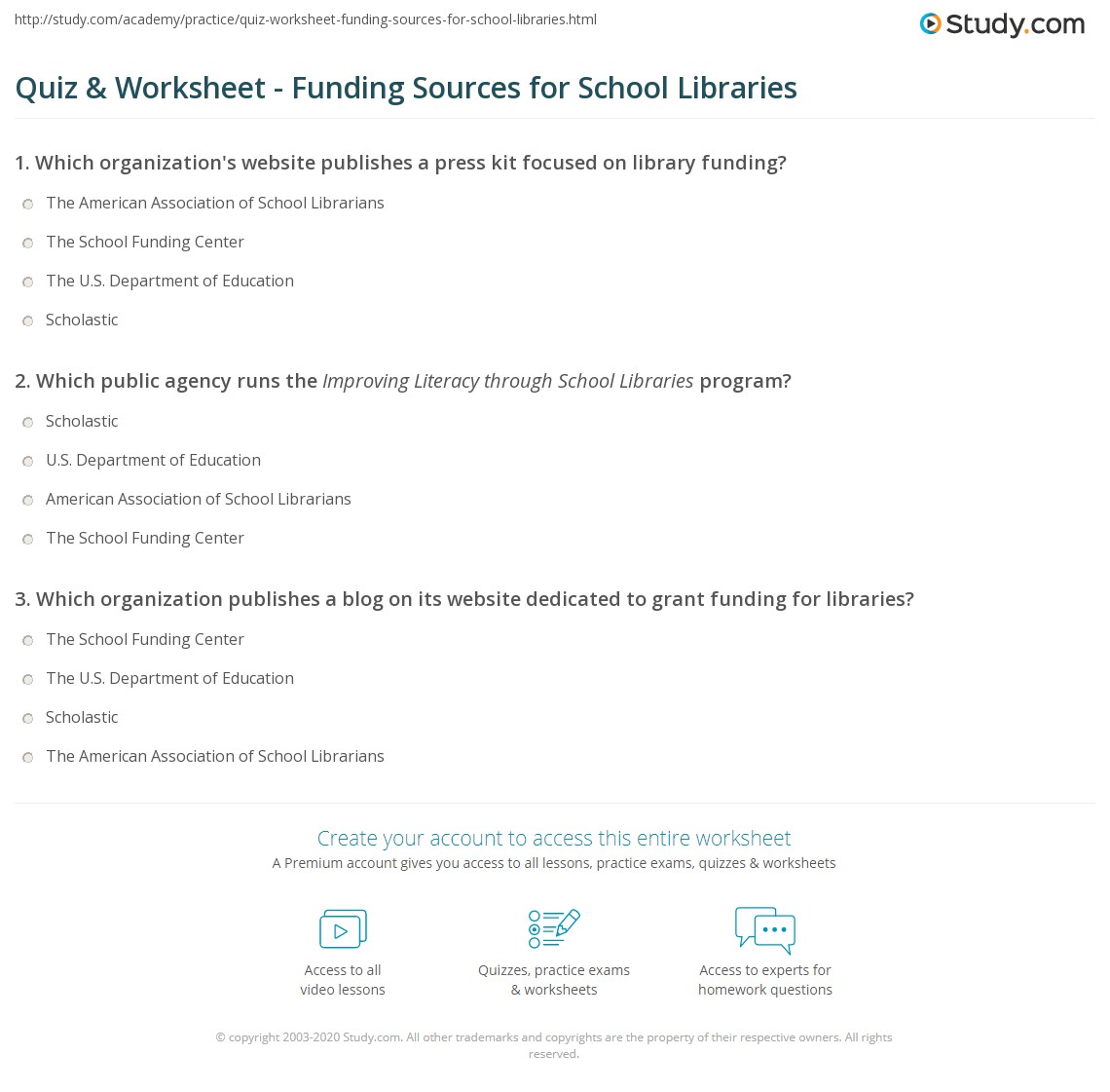 Quiz & Worksheet - Funding Sources for School Libraries | Study.com