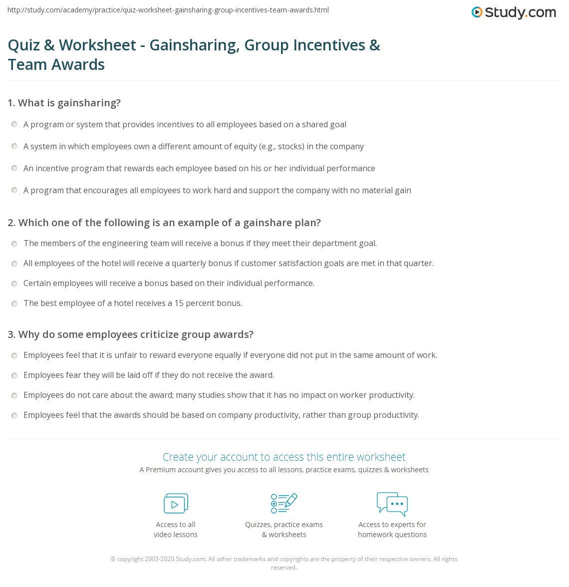 Quiz & Worksheet - Gainsharing, Group Incentives & Team Awards | Study.com