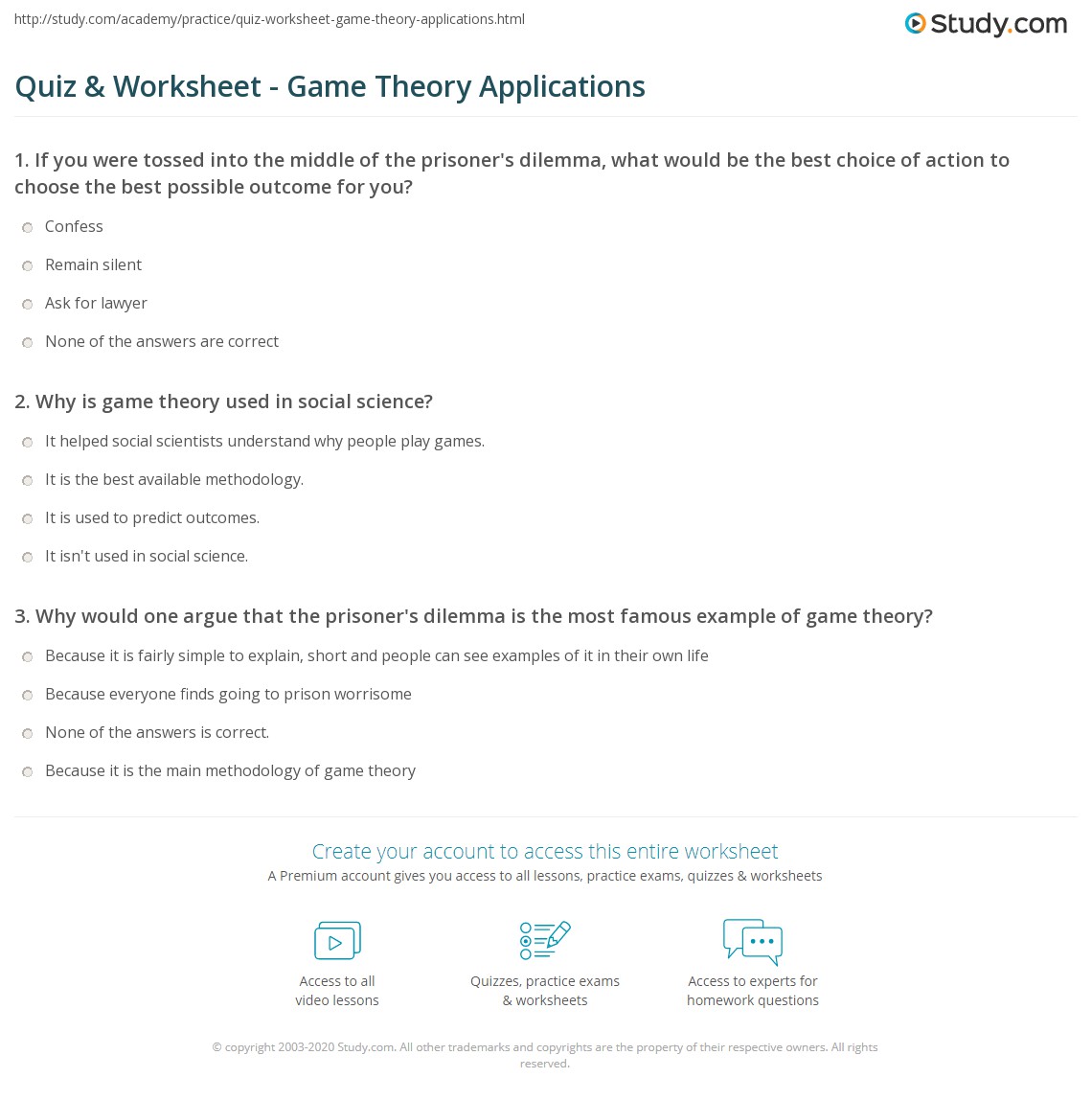 Quiz & Worksheet - Game Theory Applications | Study.com