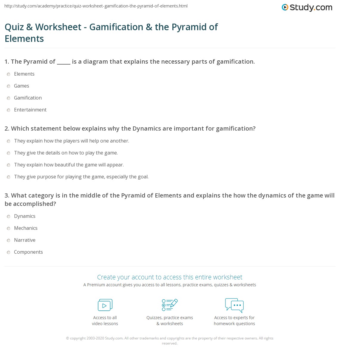 Quiz & Worksheet - Gamification & the Pyramid of Elements | Study.com
