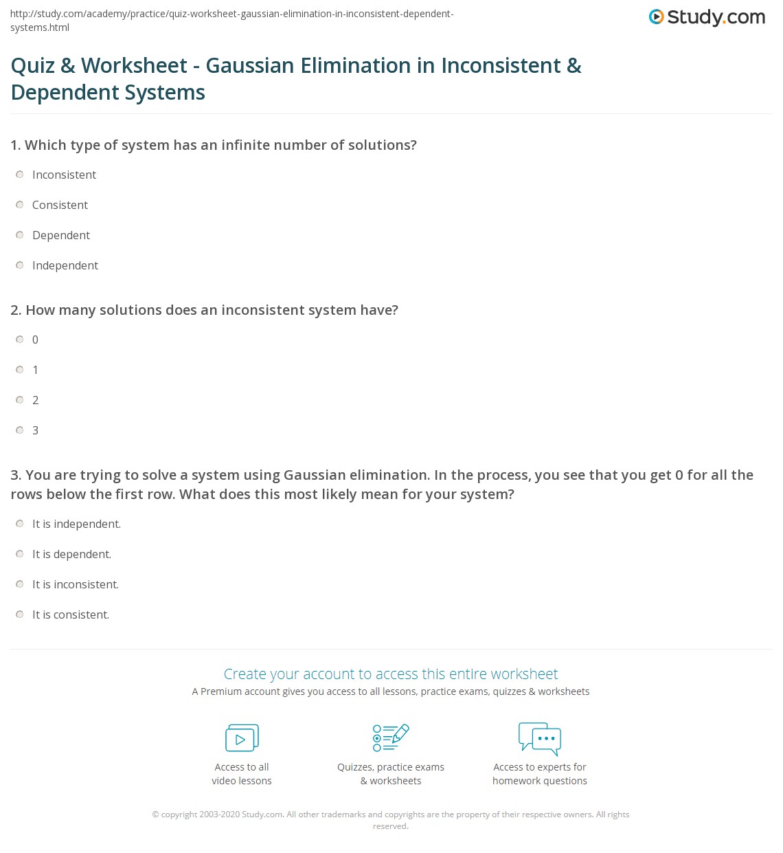 Quiz & Worksheet - Gaussian Elimination in Inconsistent & Dependent ...