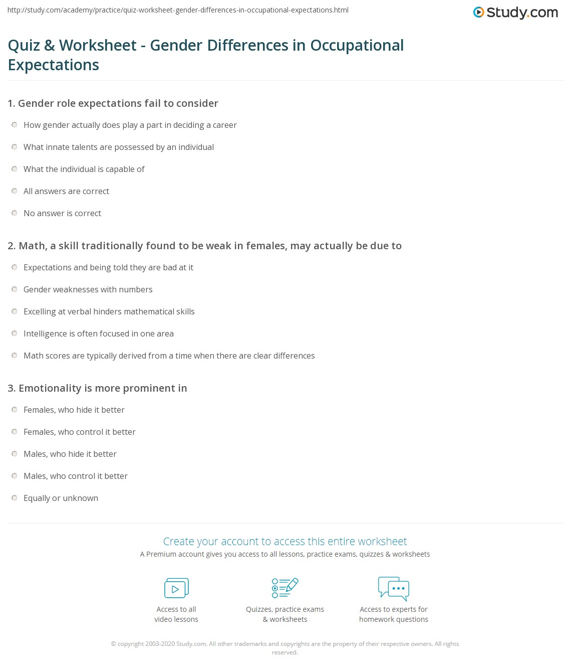 Quiz & Worksheet - Gender Differences in Occupational Expectations ...