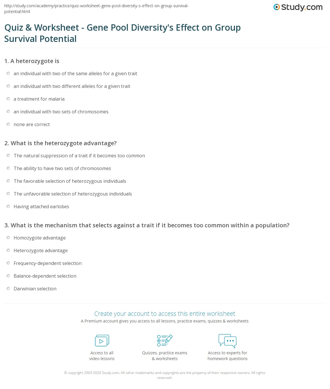 Quiz & Worksheet - Gene Pool Diversity's Effect on Group Survival ...