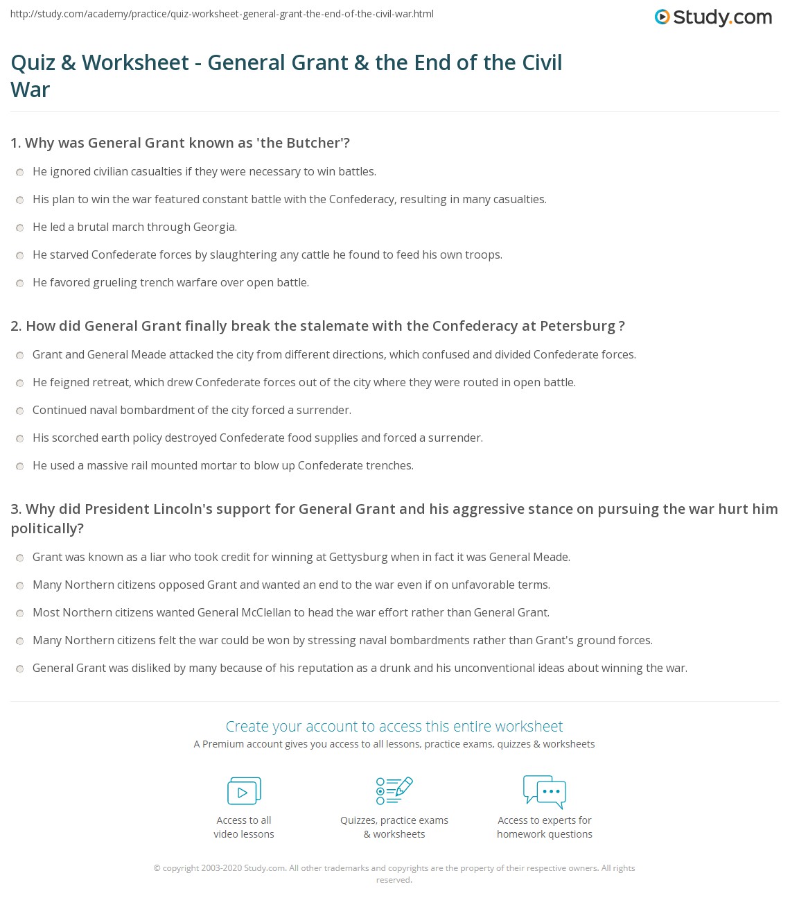 Quiz & Worksheet - General Grant & the End of the Civil War | Study.com