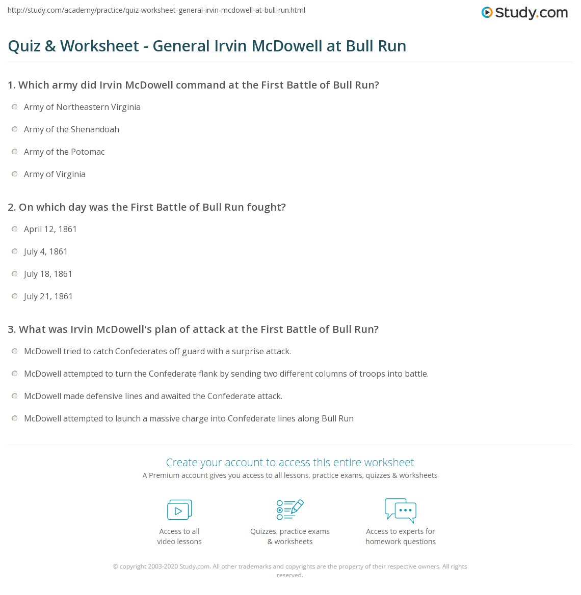Quiz & Worksheet - General Irvin McDowell at Bull Run | Study.com